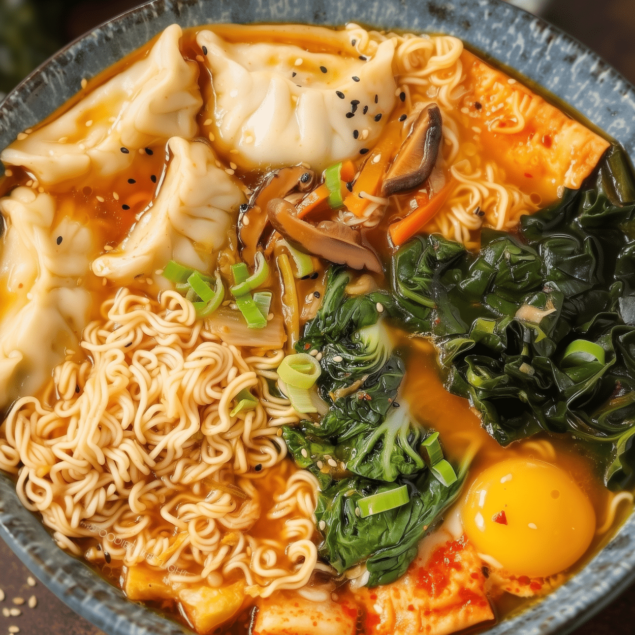 Kimchi Noodle Soup with Dumplings