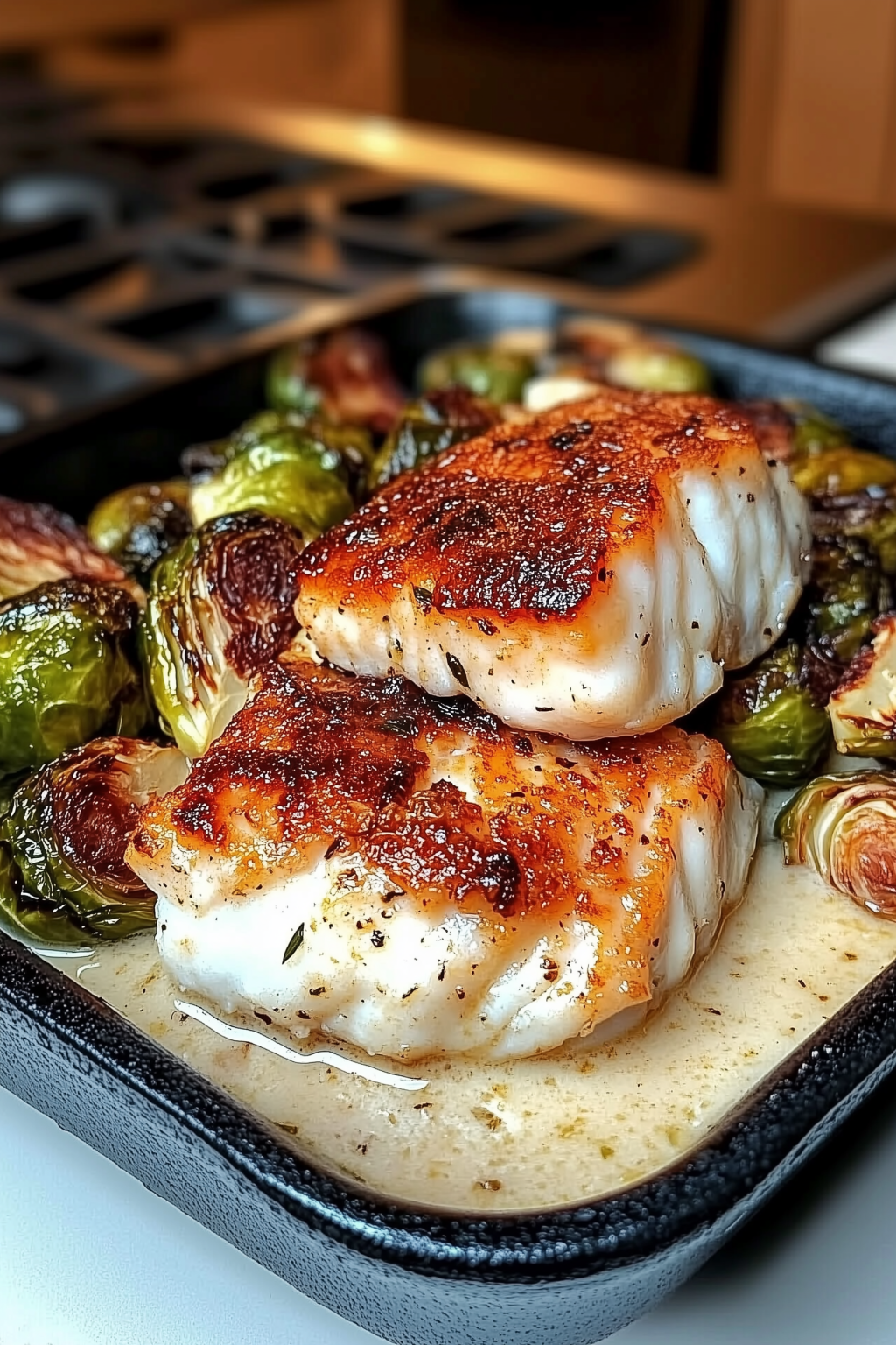 Lemon Garlic Butter Cod Bowls with Roasted Brussels Sprouts