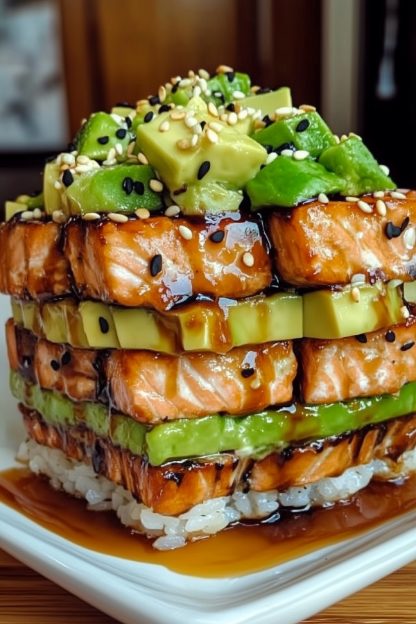 Teriyaki Salmon Avocado Rice Stack
