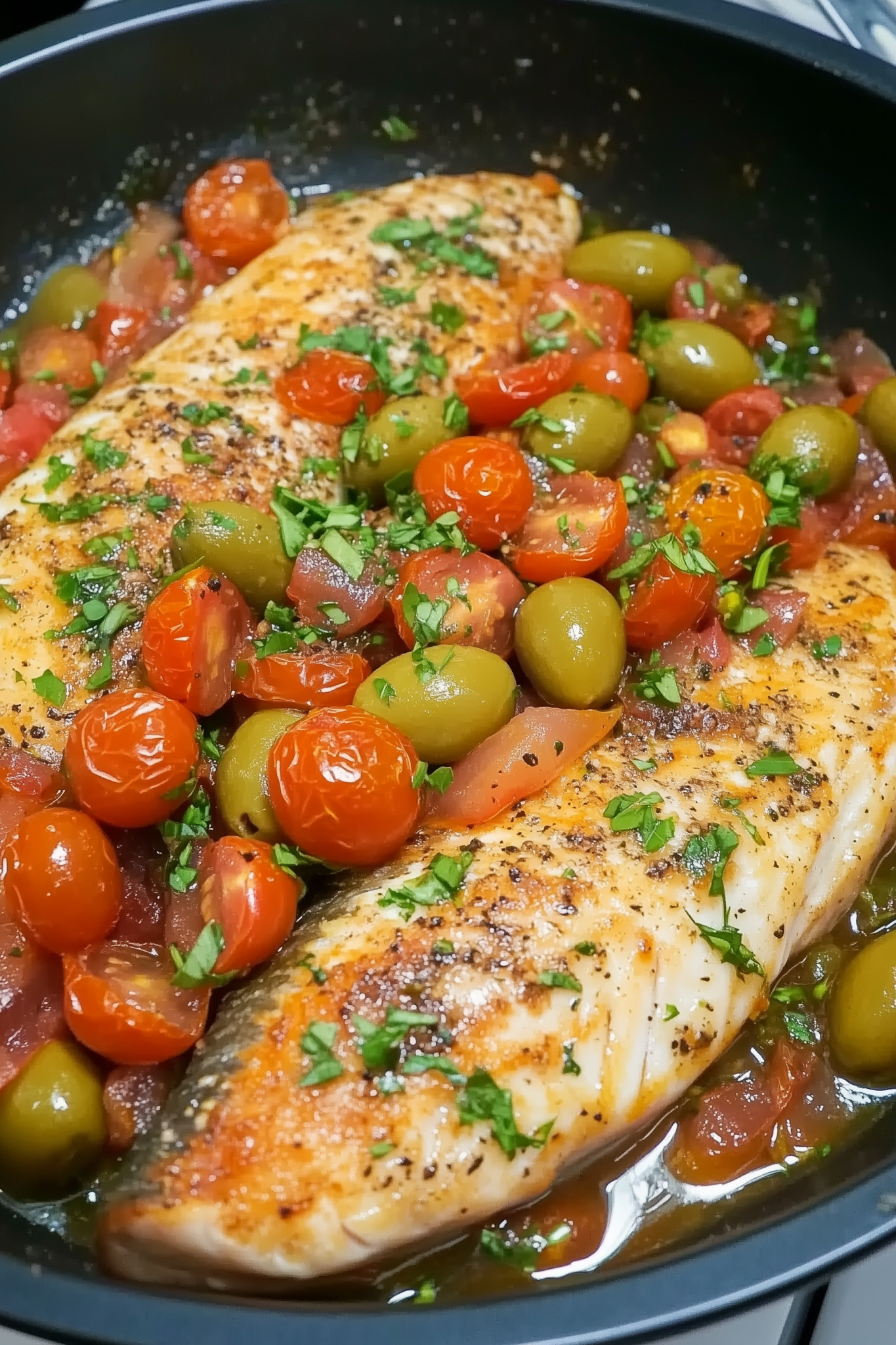 Baked Fish with Cherry Tomatoes and Olives