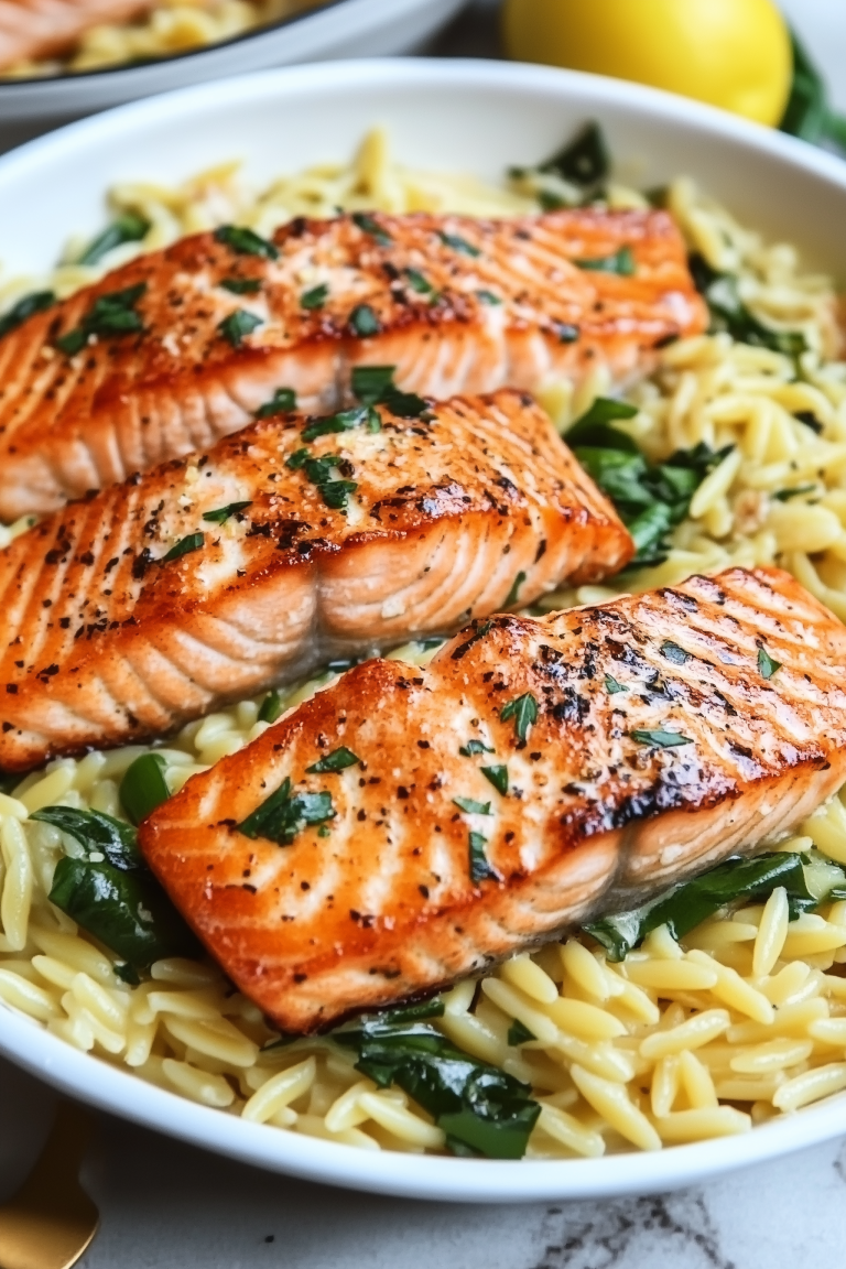 30-Minute Seared Salmon with Lemon Orzo