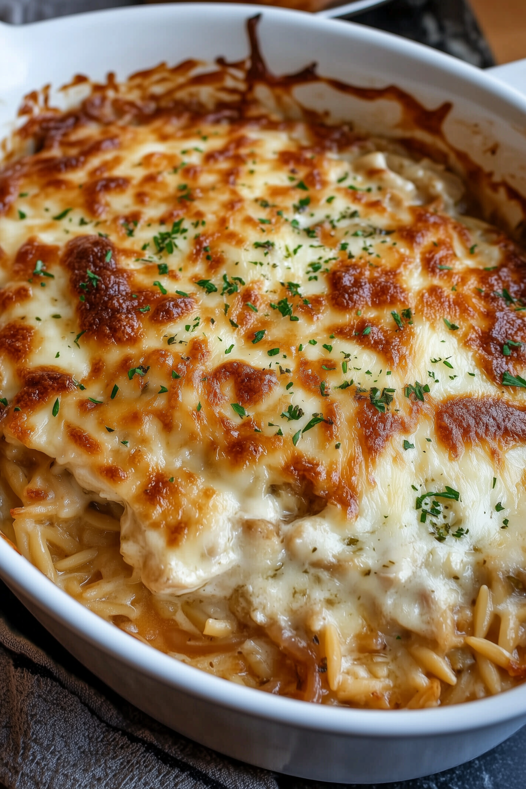Homemade French Onion Chicken Orzo Casserole